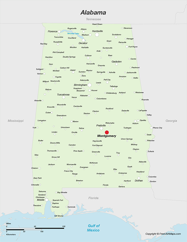Printable Map of Alabama State Shape | Free USA Maps