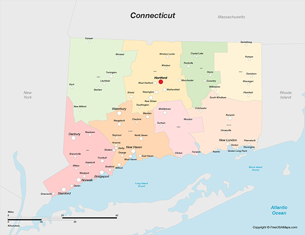 Printable Map of Connecticut with Counties and Cities | Free USA Maps