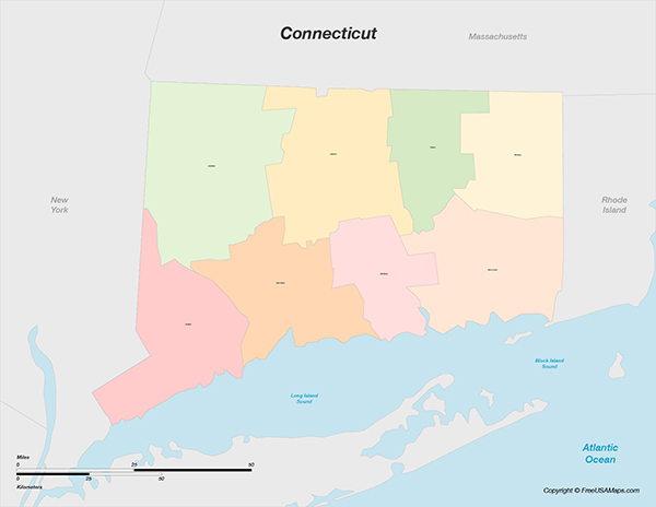 Printable Map of Connecticut with Counties and Cities | Free USA Maps
