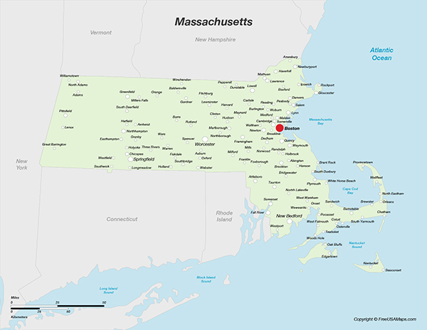Printable Map of Massachusetts with Counties and Cities | Free USA Maps