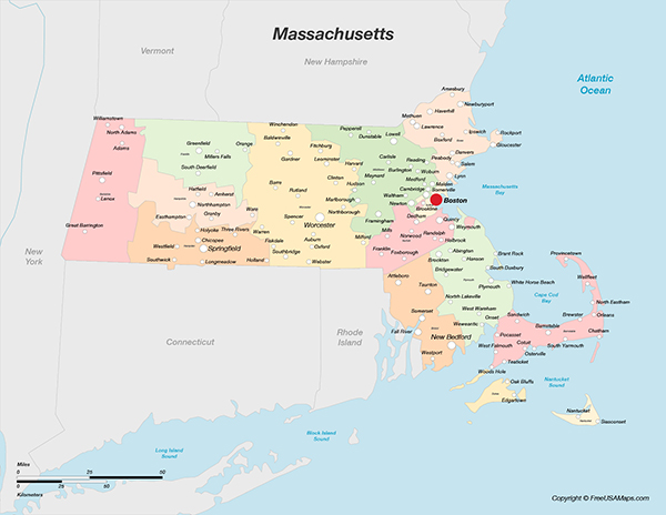 Printable Map of Massachusetts with Counties and Cities | Free USA Maps