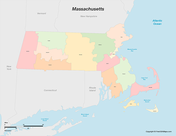 Printable Map of Massachusetts with Counties and Cities | Free USA Maps