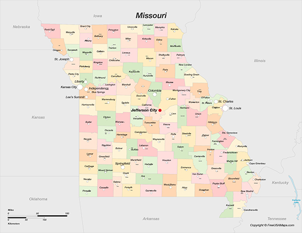 Printable Map of Missouri with Counties and Cities | Free USA Maps