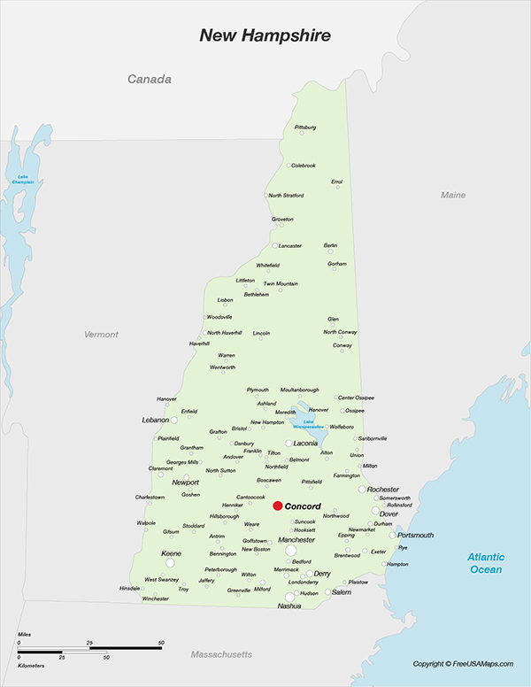 Printable Map of New Hampshire with Cities | Free USA Maps