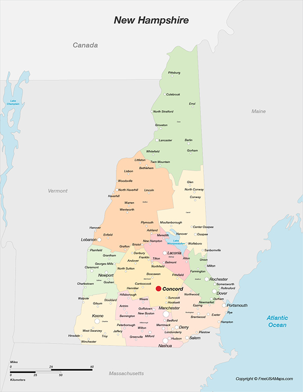 Printable Map of New Hampshire with Cities | Free USA Maps