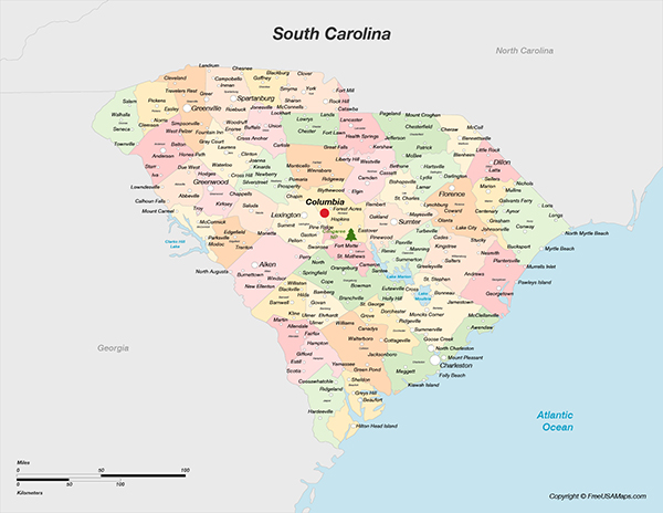 Printable Map of South Carolina with Cities | Free USA Maps