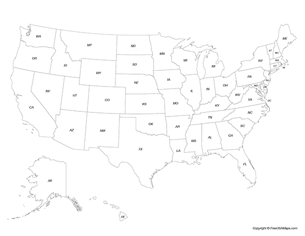Printable Map of the United States with States and Abbreviations ...