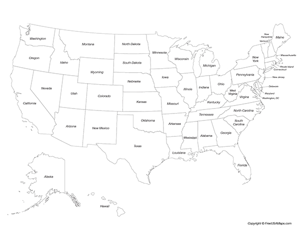 Printable Map of the United States with States and Labels Outlined ...
