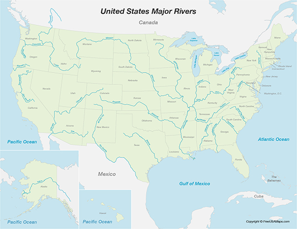 Printable Map of the United States with States and Major Rivers | Free ...
