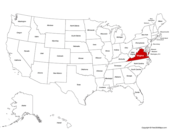 Printable Map of Virginia Location on the US Map | Free USA Maps